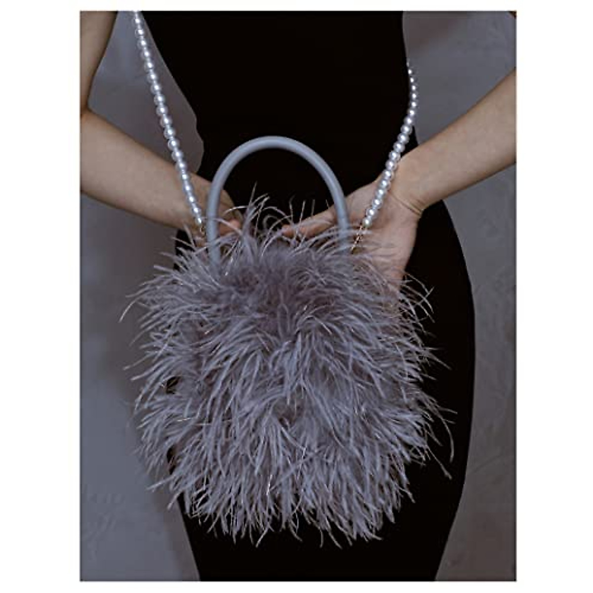 Skying Women's Real Ostrich Feather Evening Purse Handbag Clutch, Party Gift Wool Bag Wallet Tote For Winter (Bluish Gray)