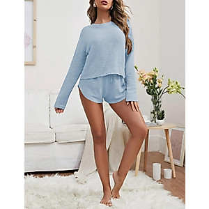 Ekouaer Womens Waffle Knit Pajama Sets Long Sleeve Top and Shorts Matching Lounge Set Sleepwear Loungewear Sweatsuit with Pockets Baby Blue Medium
