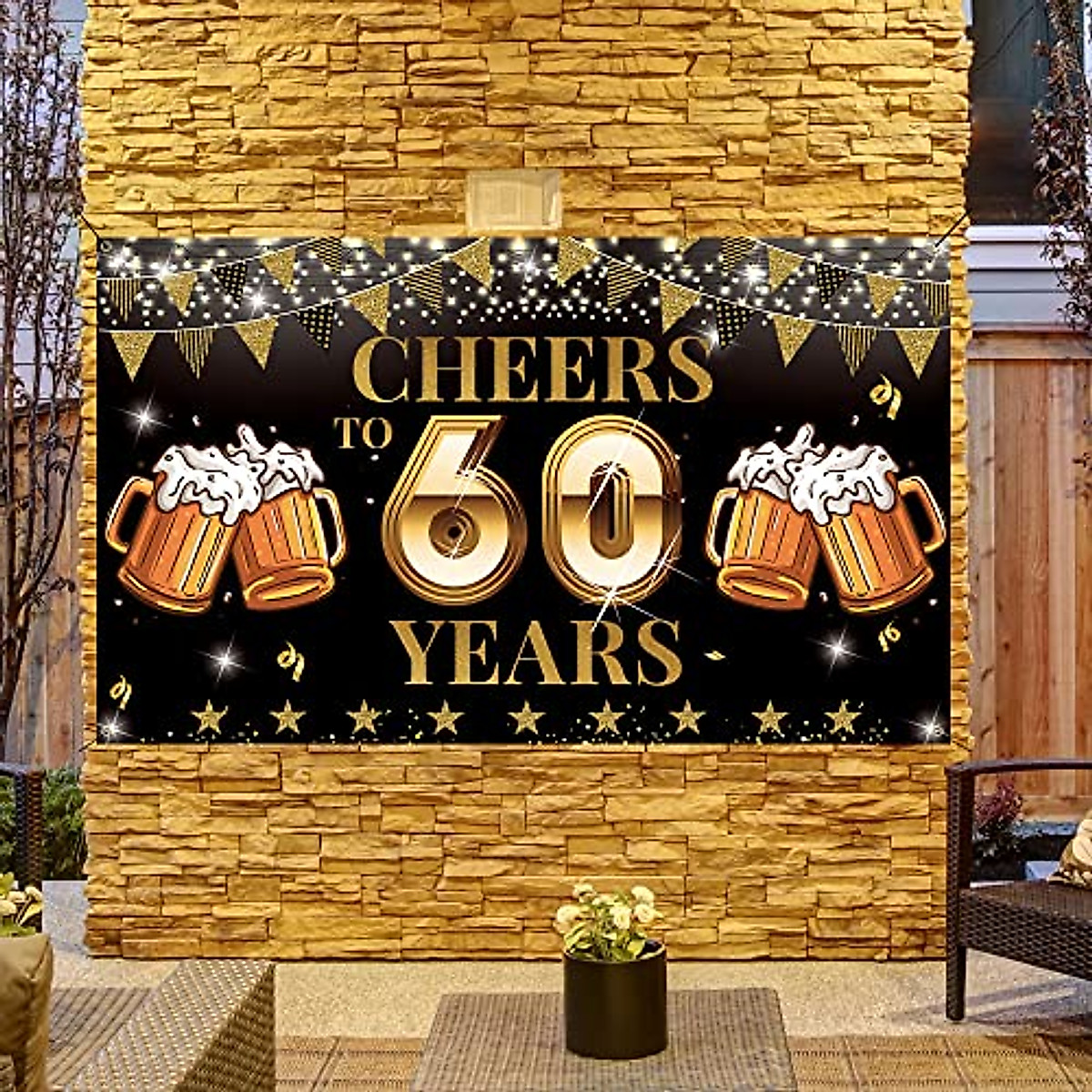 Cheers to 60 Years Backdrop Banner, Happy 60th Birthday Decorations for Men Women, 60th Anniversary Decorations, 60th Reunion, Black Gold 60 Years Celebration Party Decor, Vicycaty (6.1ft x 3.6ft)