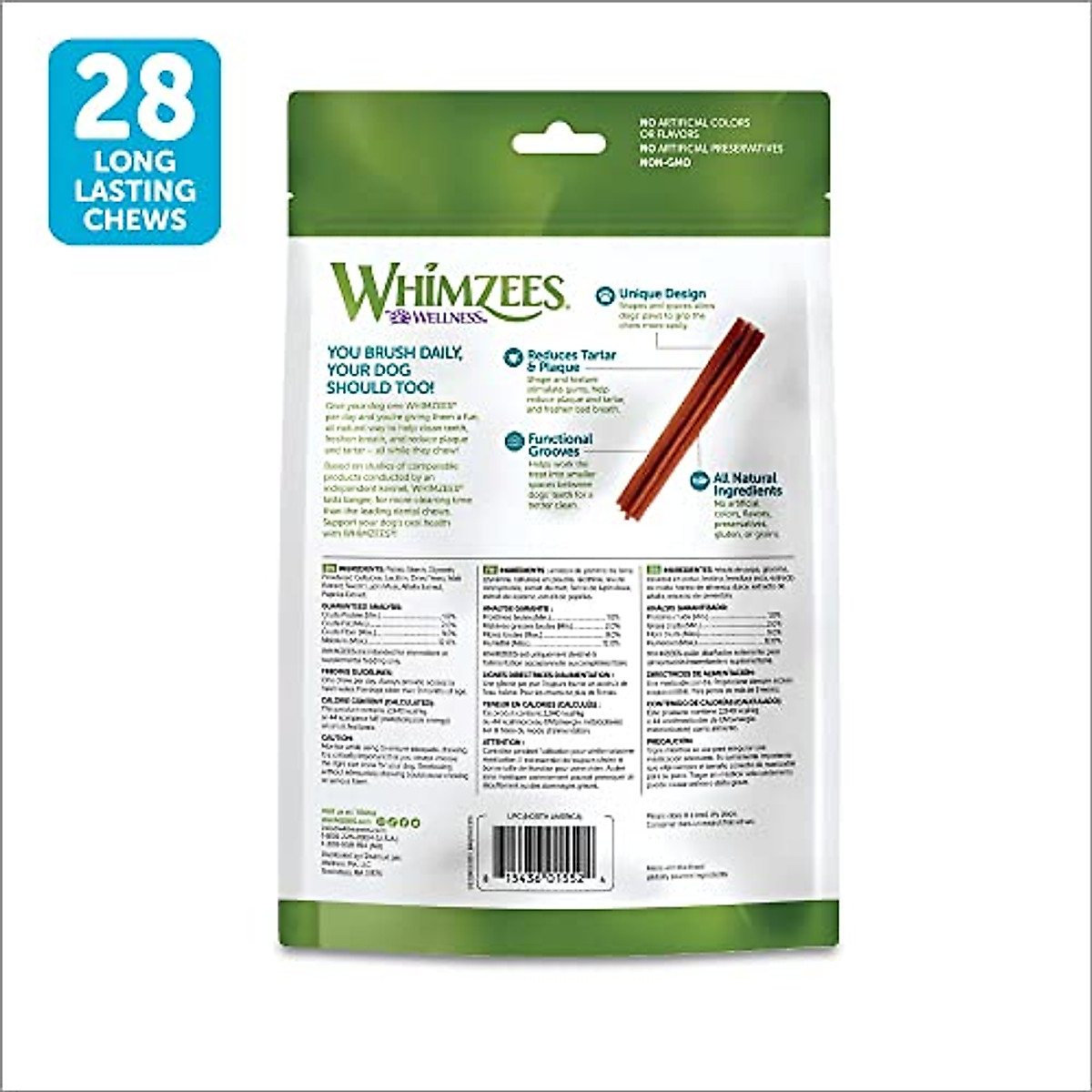 WHIMZEES by Wellness Dental Chews for Dogs, Natural, Long Lasting Treats for Cleaner Teeth & Fresher Breath, Grain Free & Hypoallergenic, 28 Chews