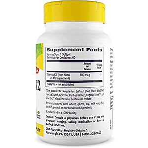Healthy Origins Vitamin K2 100 mcg (MK-7, Non-GMO, Gluten Free, Cardiovascaular Support, Bone Support), 60 Veggie Gels