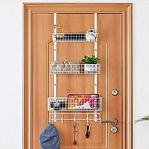 Over The Door Basket Organizer 3 Tier Hanging Kitchen Storage Rack Heavy Duty Pantry Organizer with 3 Basket and 5 Hooks Door Back Metal Wire Basket for Kitchen, Bathroom, Office, White