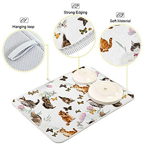 JUMBEAR Cat Butterflies Dish Drying Mat Absorbent Reversible Dish Drainer Pad Tableware Mat for Kitchen Countertop Home Decoration, 16 x 18 Inch