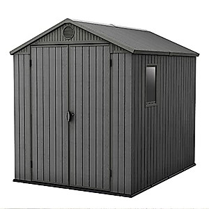 Keter Darwin 6 x 8 Foot Spacious Heavy Duty Storage Shed for Organizing Garden Accessories and Outdoor Tools with Double Doors and High Ceiling, Gray
