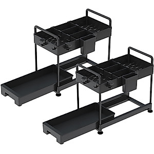 SOLEJAZZ 2-Tier Under Sink Organizer, Sliding Under Bathroom Cabinet Storage Drawer Organizer with Hooks, Hanging Cup, Dividers, Handles, Multi-purpose Under Sink Shelf Organizer, Black, 2 Pack