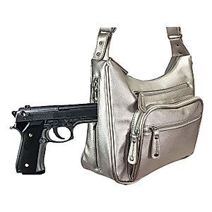 Zzfab Fashion Locking Concealed Carry Big Hobo Bag CCW Cross Body Bag with Credit Card Slots Pewter