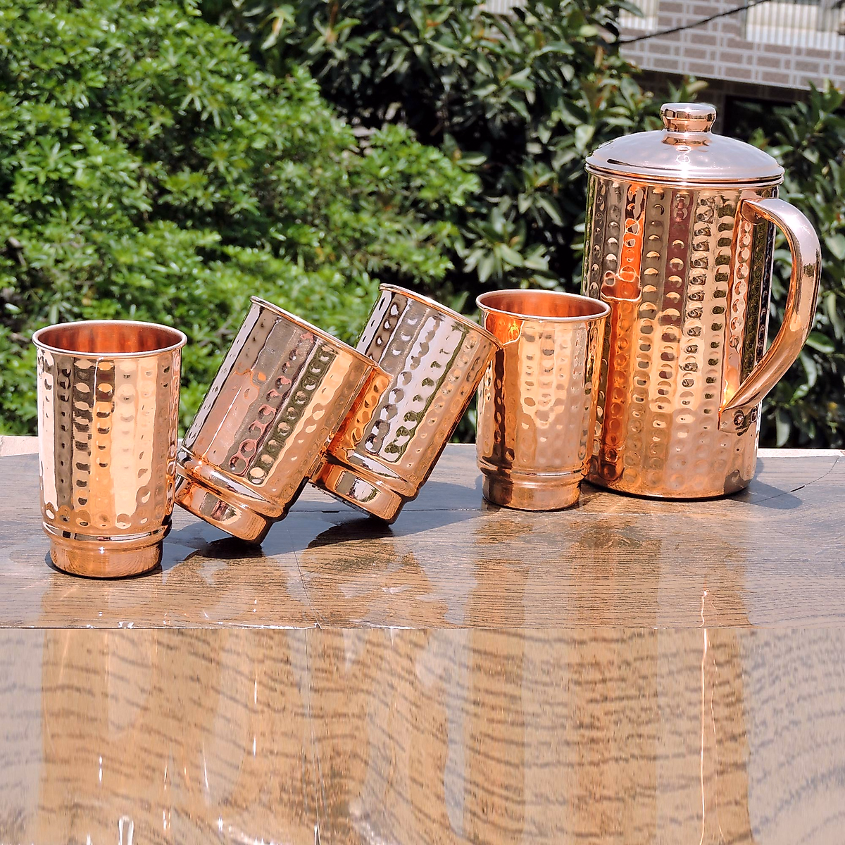 HealthGoodsIn - Pure Copper Hammered Pitcher with 4 Copper Tumblers | Hammered Copper Pitcher and Tumblers for Ayurveda Health Benefits