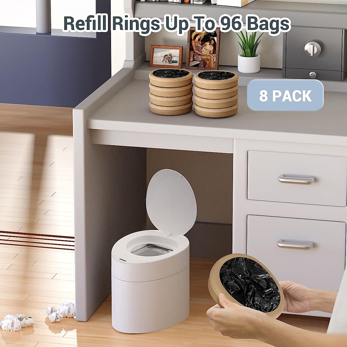 TOWNEW T Air One Official Refill Rings for Smart Bathroom Trash Can, Strong Trash Bags for Electric Automatic Trash Can, 2.7 Gallon, Pack of 8 Refill Bags - Up to 96 Garbage Bags