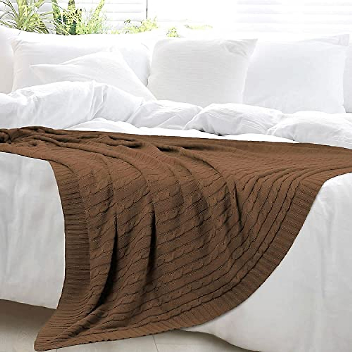 Alysheer 100% Cotton Cable Knit Throw Blanket 57 x 63 in, All Weather Chic Sweater Knitted Textured Soft Warm Lightweight Decorative Sofa Throws for Couch Bed Outdoor Chair(Coffee Light Brown)