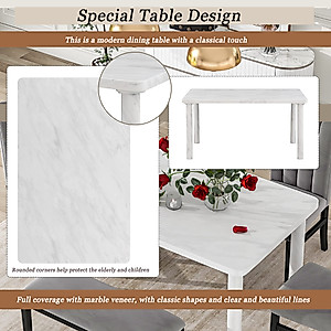 FIQHOME 6 Pieces Set, Rectangular Marble Veneer Table and 4 Flannelette Upholstered Dining Chairs & Bench, Kitchen Living Room Furniture Elegant Style,White+Gray