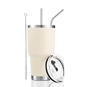 D·S 30oz Cream Tumbler Stainless Steel Insulated Travel Mug with Straw Lid Cleaning Brush (30oz Cream)