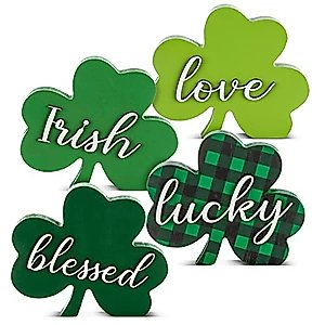 Whaline 4Pcs St. Patrick's Day Table Wood Sign Shamrock 3D Lucky Irish Wooden Sign Buffalo Plaid Clover Freestanding Tabletop Centerpiece for Tiered Tray Desk Office Home Party Decor