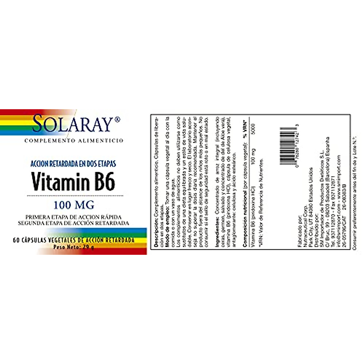 Solaray B 6 Two Stage Timed Release, 100mg, 60 Count