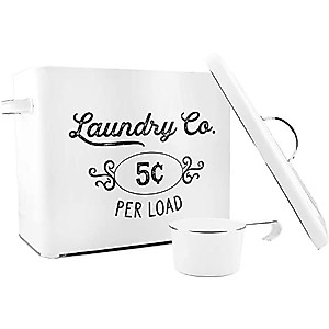 AuldHome Farmhouse Laundry Powder Container, White Enamelware Detergent Bin with Scoop