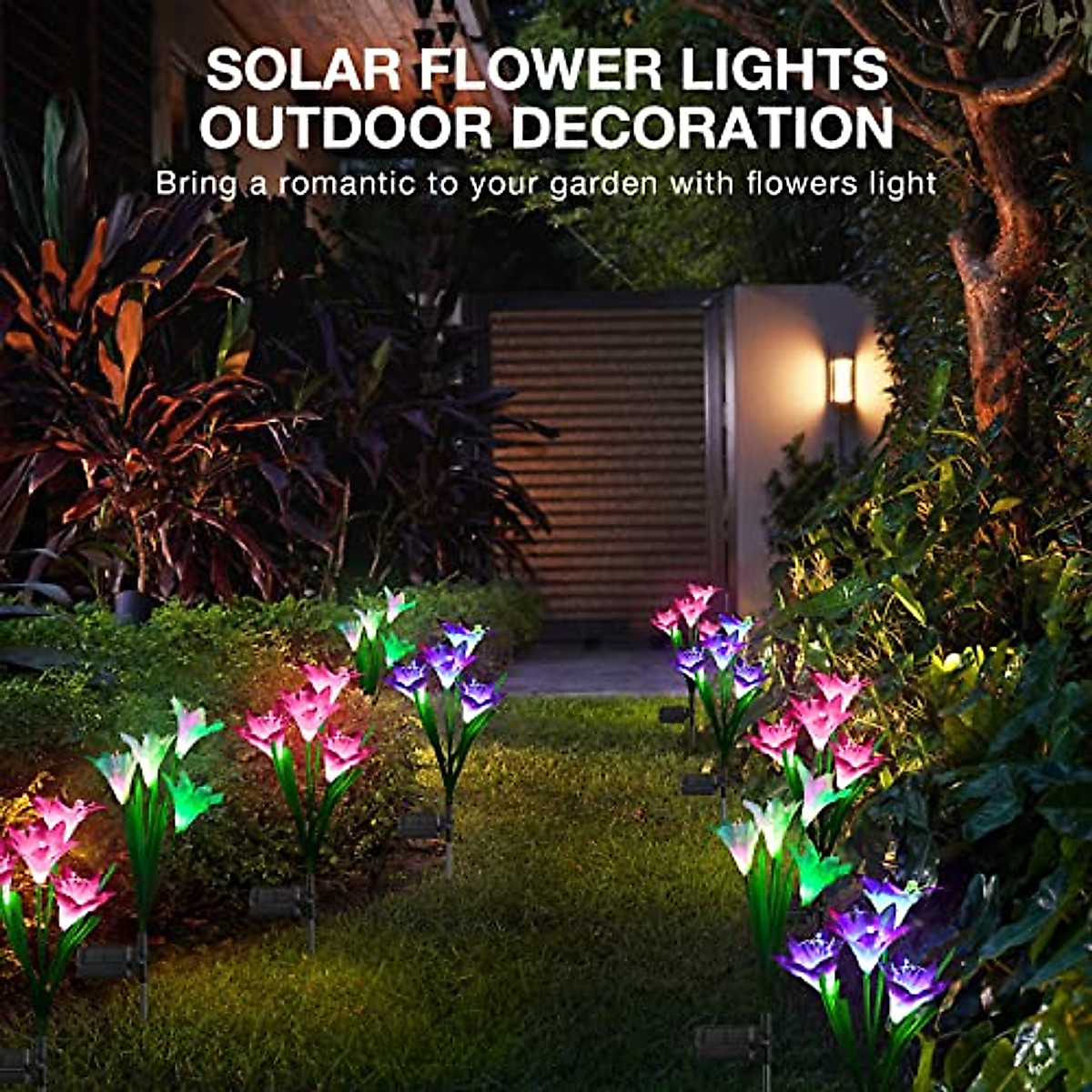 NEEMO Solar Outdoor Lights 4 Pack, Solar Garden Lights with Large Lily Flowers, 7-Color Changing Solar Pathway Lights, Solar Powered Landscape Lights for Garden Patio Yard (Bigger Solar Panel)