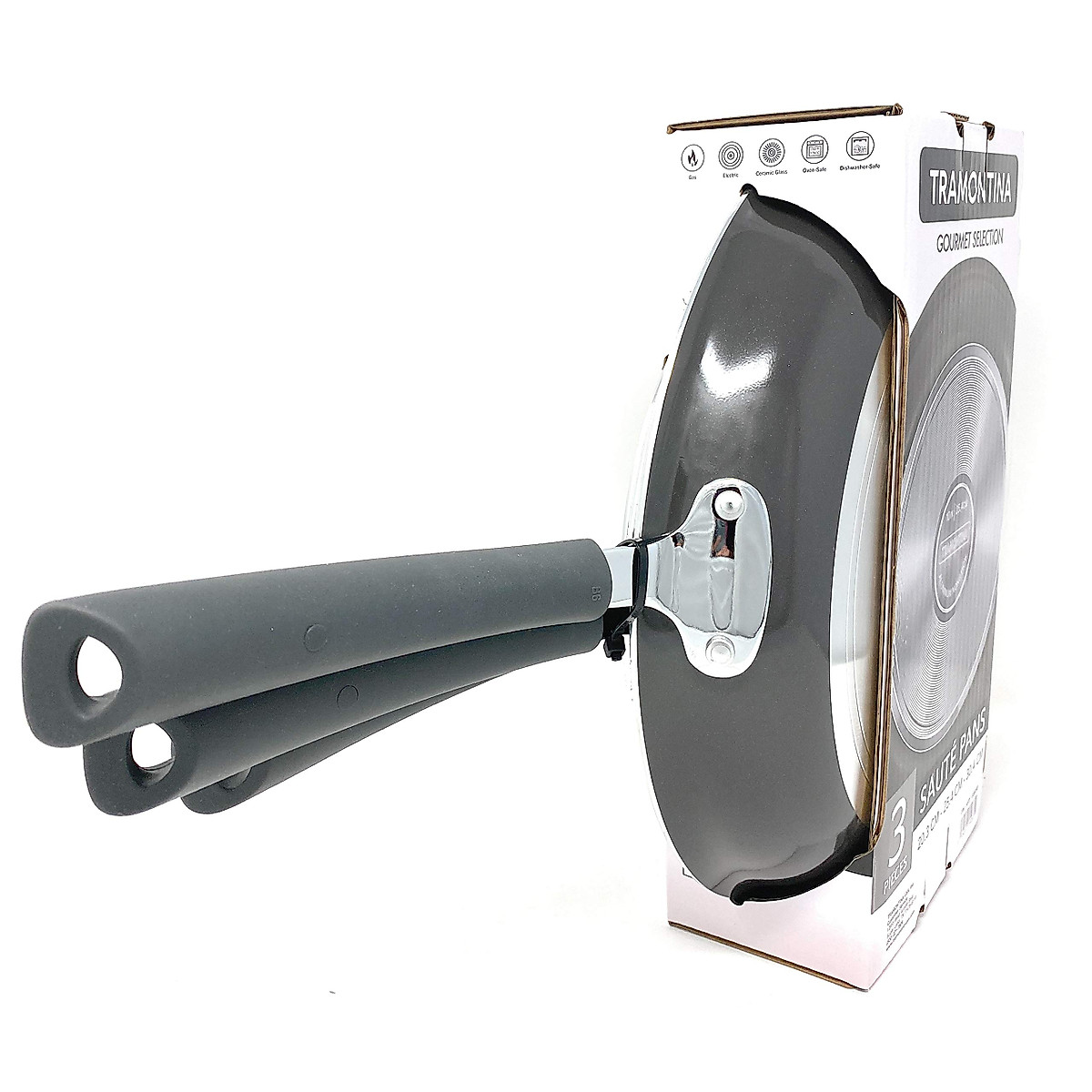 Tramontina Gourmet Selection 3 Piece Set Nonstick Saute Pans (8", 10" & 12") Heavy-Gauge Aluminium High Performance Nonstick Riveted Silicone Handles (Metallic Black)