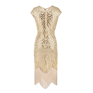 F_Gotal Women's Roaring 20s V-Neck Gatsby Dresses- Vintage Inpired Sequin Beaded Flapper Dresses Party Cocktail Beige