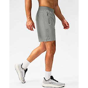 Pudolla Men's Workout Running Shorts with 3 Zipper Pockets Lightweight 7" Gym Shorts for Men Athletic Walking Hiking(Bright Grey Medium)