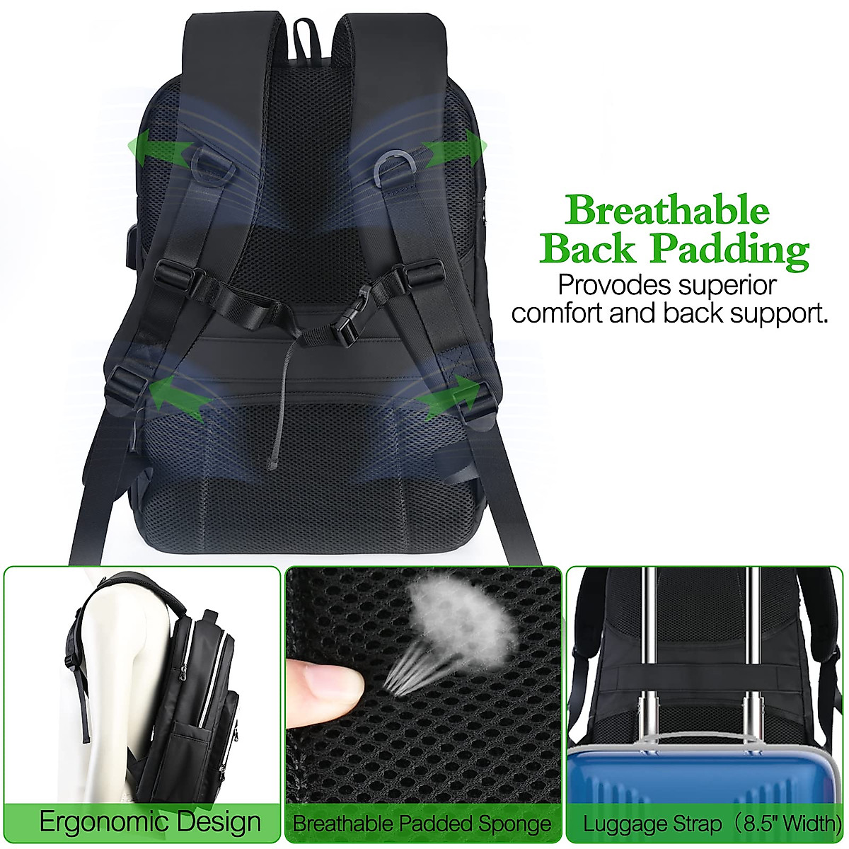 Business Laptop Backpack for Men with USB Charging Port, Durable Water Resistant College School Bookbag Travel Computer Backpack with Laptop Compartment Fits Up to 17 Inch Laptop Notebook, Black