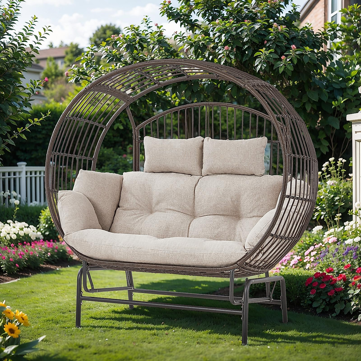 LUMIINOFAMI Outdoor Glider Egg Chair, Oversized 2 Person Egg Rocking Chair with Thick Cushions, Wicker Egg Chair Rattan Porch Furniture Loveseat Lounge Chair for Bedroom Sunroom Backyard(Brown)