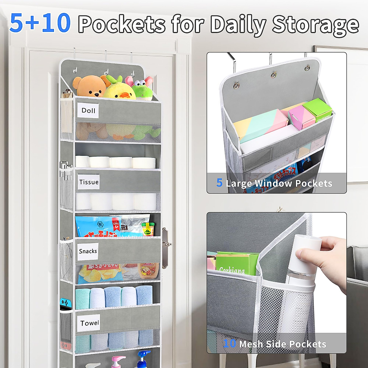 Over The Door Organizer Storage, 44lbs Weight Capacity Hanging Door Organizer, Behind Door Organizer with 5 Large Pockets 10 Mesh Side Pockets 5 PVC Pouches for Nursery Bathroom Bedroom Pantry