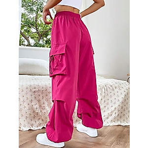 SweatyRocks Women's Drawstring Elastic Waist Loose Pants Casual Flap Pocket Cargo Pants Trousers Hot Pink M
