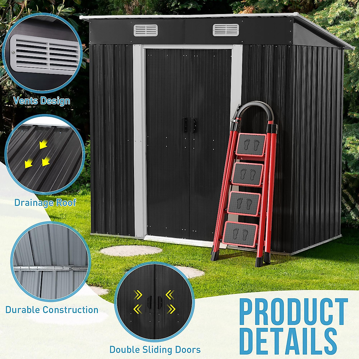 JAXPETY 6'x4' Garden Shed, Large Metal Lockable Outdoor Storage Shed & Outdoor Storage Garden Shed Tool Outdoor Storage Shed with Sliding Doors and Air Vent for Backyard, Patio, LawnGray