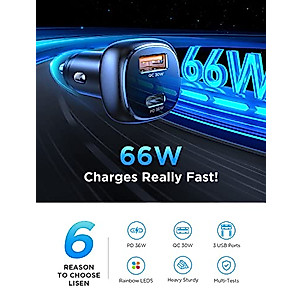 66W USB C Car Charger, AINOPE Cigarette Lighter USB Charger, PD 36W+QC 30W Fast Charging Fast Car Charger, Heavy Solid All Metal iPhone Car Charger Adapter for iPhone, Samsung, iPad, Google Pixel