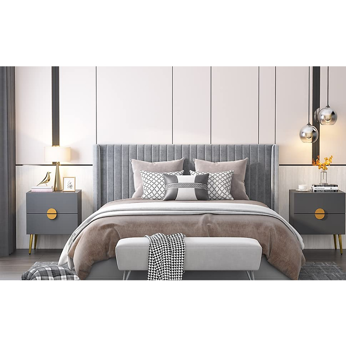 Tribesigns Nightstands Set of 2, Mid-Century Modern Nightstand with 2 Drawers, Bedside Tables with Champagne Metal Legs, End Table for Bedroom