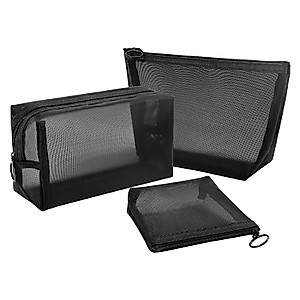 Aosbos 3 Pieces Mesh Makeup Bag Mesh Cosmetic Bag Purse Pouch Zipper Mesh Travel Bag Travel Purse Organizer Portable Pouch Bag Mesh Toiletry Bag for Home Office Travel Accessories, Black