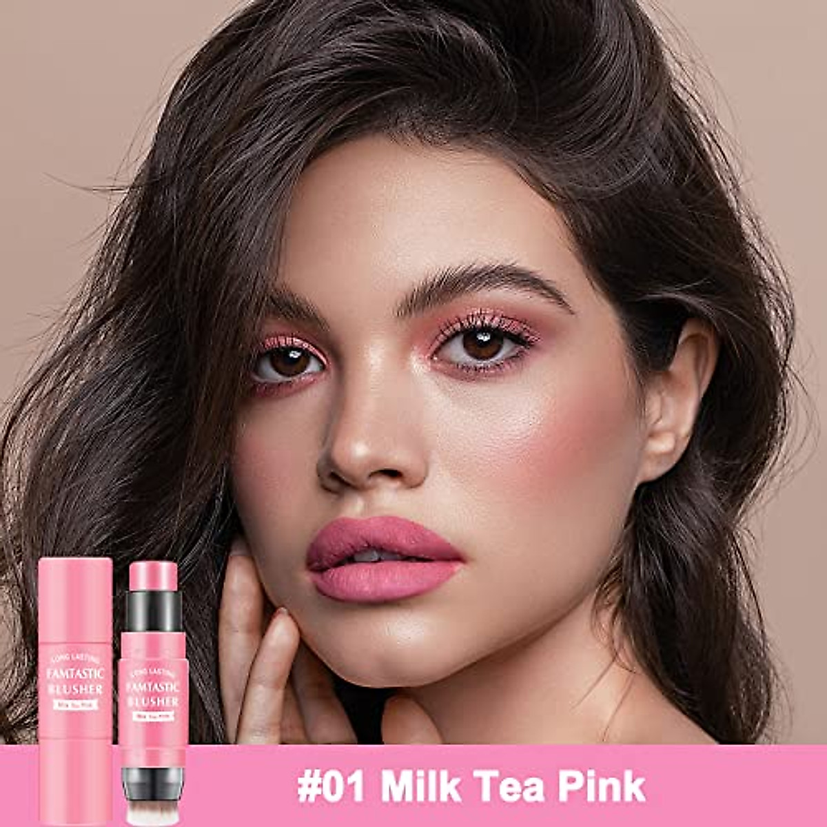 Erinde Cream Blush Stick with Brush, Cream Blush for Cheeks, Lightweight Light Pink Blush Stick, Waterproof, Long-lasting, 3 In 1 Cheek Blush & Lip Tint & Eyeshadow Makeup Stick, 01# Milk Tea Pink