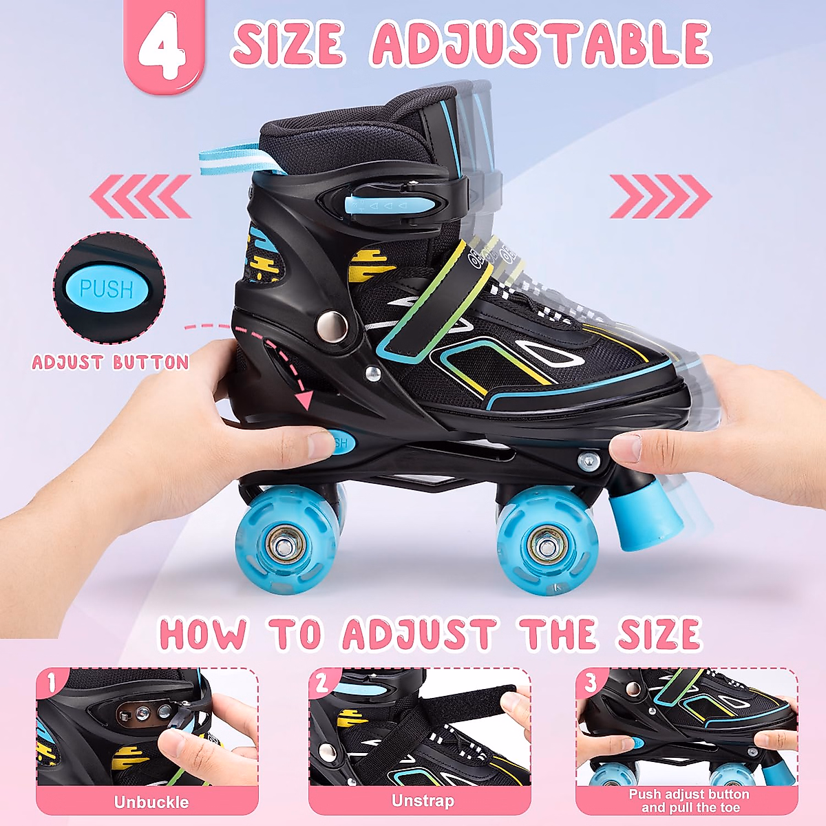 Kids Roller Skates for Girls and Boys, 4 Sizes Adjustable Roller Skates with 8 Light Up Wheels, Fun Illuminating Toddler Rollerskates for Kids Youth Beginner, Patines para Niñas Niños(3-6, Blue)