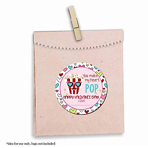 You Make My Heart Pop Fun Popcorn Themed Valentine Party Favor Sticker Labels for Kids, 40 2" Party Circle Stickers by AmandaCreation, Great for Classroom Valentines, Envelope Seals, Gifts, Treats