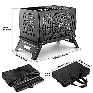 Odoland Camping Charcoal Grills, Portable Bonfire Fire Pit with Grill, Carry Bag Rectangle Cast Iron Fire Pit for Outdoor Cooking, Patio Backyard, Barbecue, Honeycomb