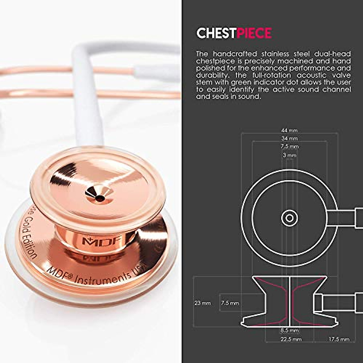 MDF Rosegold MD One Stainless Steel Stethoscope, Adult, White Tube, Rosegold Chestpieces-Headset, MDF777RG29