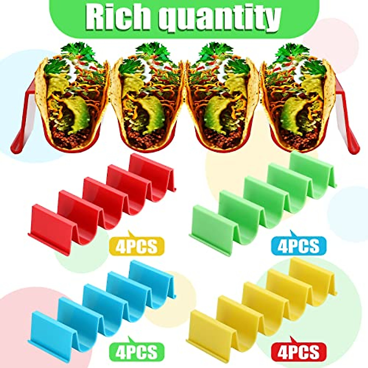 Colorful Taco Holder Stand Plastic Taco Plates Hold up to 4 Tacos Each Hard Sturdy Taco Shell Holder Wave Shape Taco Tray Dishwasher Microwave Safe Taco Rack Holders for Kitchen Serving (16 Pcs)