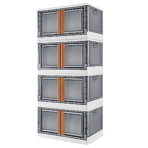 Shahoo Storage Bins with Lids, 19 Gal Pack 4 Clear Plastic Collapsible Containers, Equipped with Door, Stackable Storage Box with Latching Buckles & Wheel, Organizer for Bedroom, Livingroom, Kitchen