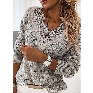 Yousify Women Lace V Neck Long Sleeve Pullover Sweaters Lightweight Knit Solid Color Novelty Jumper Tops