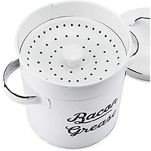 AuldHome Grease Container, White Enamelware Bacon Grease Can with Strainer, Farmhouse Style, Keto-Friendly