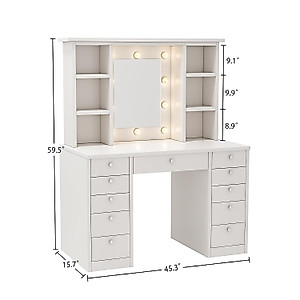 Runboll Vanity Desk with Mirror and Lights, Large Makeup Vanity with Lots of Storage, 45.3" L Dressing Table White with 10 Bulbs, 4 Open Shelves and 11 Drawers, 3 Lighting Modes, Brightness Adjustable