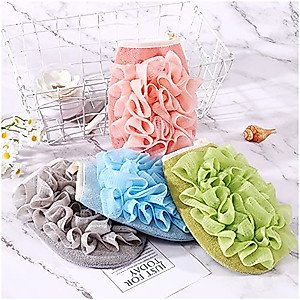 2PCS Shower Gloves with Flower Bath Ball Exfoliating Body Pad Deep Cleaning Gloves for Bathroom, Bathhouses and Spas (Green)