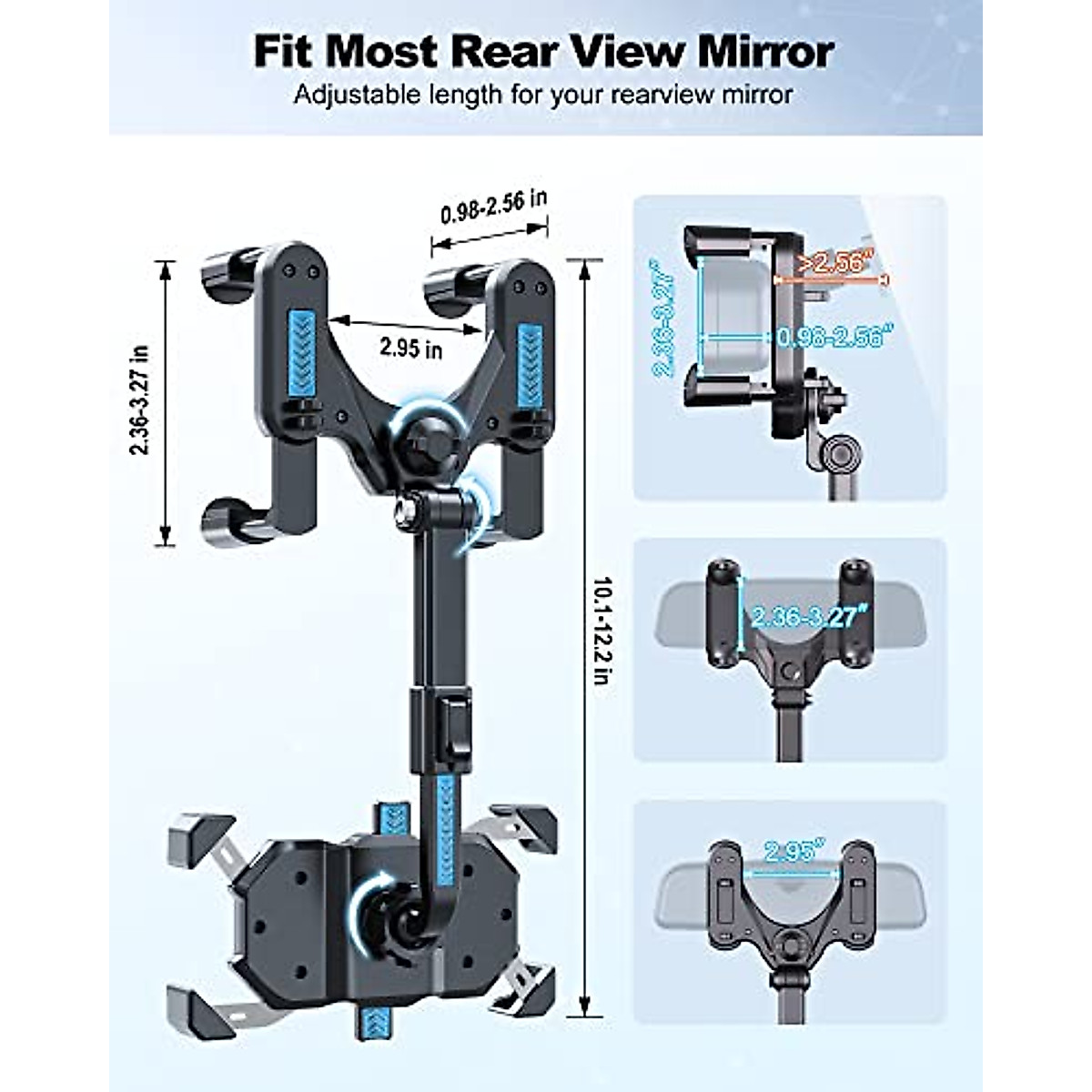 OFY Phone Mount for Car, [2023 Upgraded 4 Clip Never Fall] Rear View Mirror Phone Holder, 360 Rotatable and Retractable Car Phone Holder for Most Mobile Phones & Vehicles