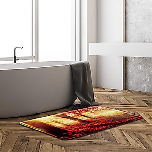 AMFD Fall Forest Bath Mat Autumn National Park Sunshine Misty Forest Tree Red Yellow Seasonal Picture Print Bathroom Shower Mat Kitchen Rug Soft Microfiber Memory Foam 16x24 Inches