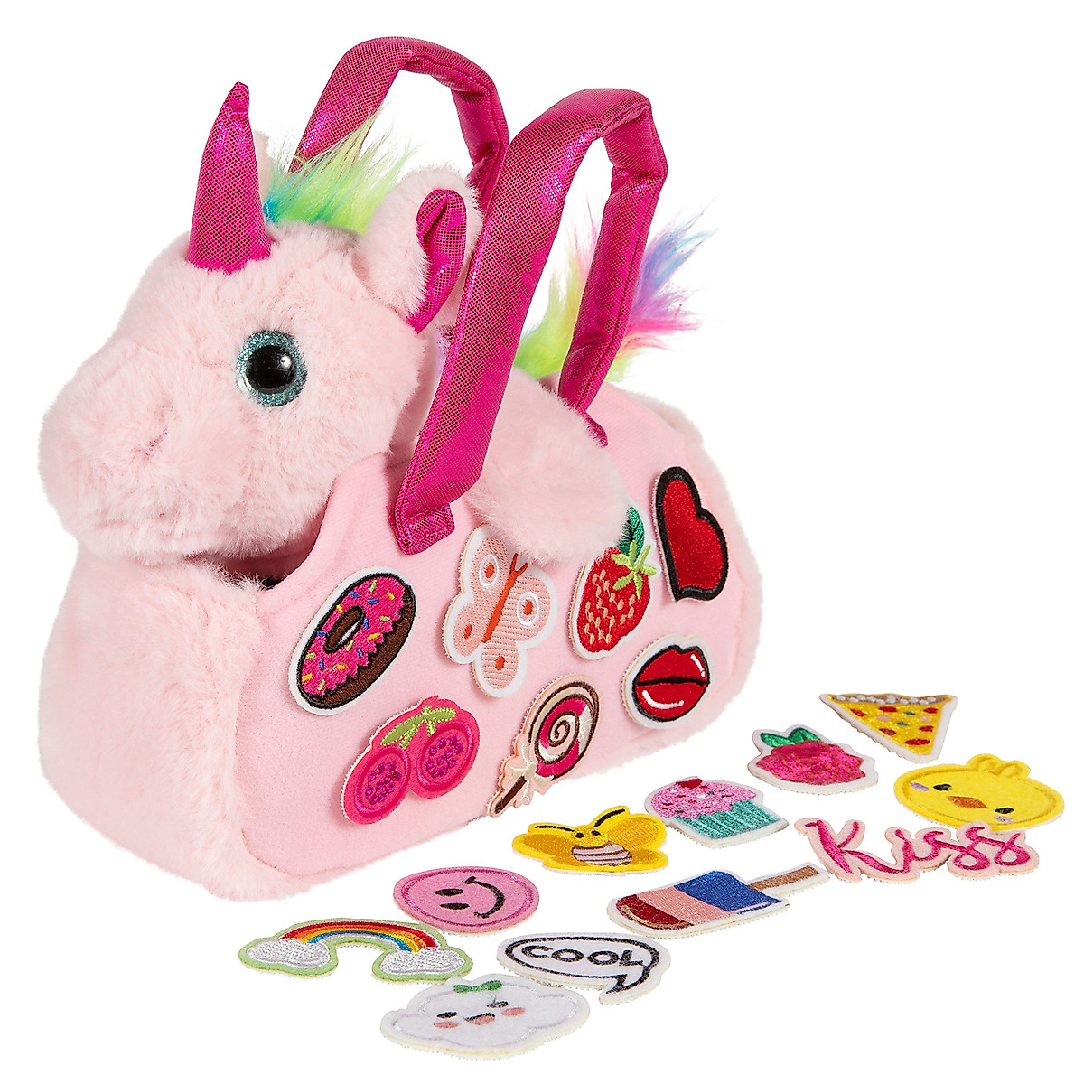 Little Jupiter Pet Plush Bag Purse Set with 18pc Removable Patch Set & Pink & Rainbow Details - Unicorn Stuffed Animals for Girls - Cute Plushie - Cute Toy Plushies - Girls Toys - Age 4-7