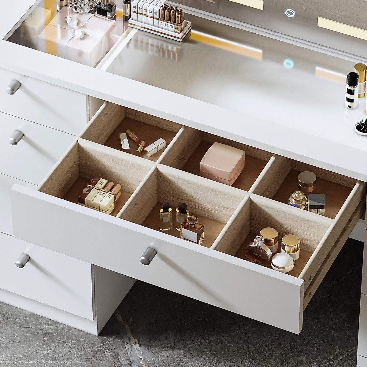 JassmiPkwy Makeup Vanity Desk with Mirror - 46 INCH Glass Tabletop Vanity Table with Lights, Drawers, Power Outlet, Large Storage Desk for Bedroom, White