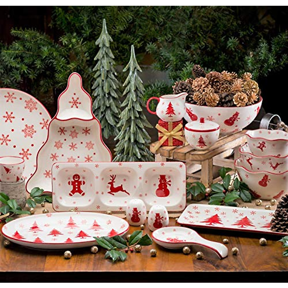 Euro Ceramica Winterfest Collection Festive 16.1" Ceramic 3 Part Divided Appetizer Tray, Hand-Stamped Holiday Design, Red & White