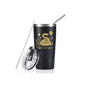 Onebttl Chinese New Year 2025 Gifts - Year of The Snake - Decorations for Lunar New Year - 20oz/590ml Double Wall Vacuum Insulated Stainless Steel Tumbler - with Lid and Straw - Black