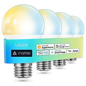 Linkind Matter Smart Light Bulb, Soft White to Daylight Tunable Alexa Light Bulbs, Smart Bulbs Work with Apple Home, Alexa, Google Home, SmartThings, 2.4GHz Wi-Fi LED, A19 E26, 800LM, 60W (4-Pack)