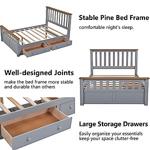 Queen Size Country Style Wooden Platform Bed Frames with 2 Storage Drawers, Modern Platform Bed with Headboard/Footboard, Noise-Free for Bedroom Boys Girls Adults Teens, Solid Wood Slat Support(Gray)