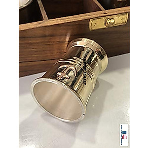 Nautical-Mart Brass Tequila Shot Glass with Anchor Monogram in Handmade Wooden Box – Six Glass Set